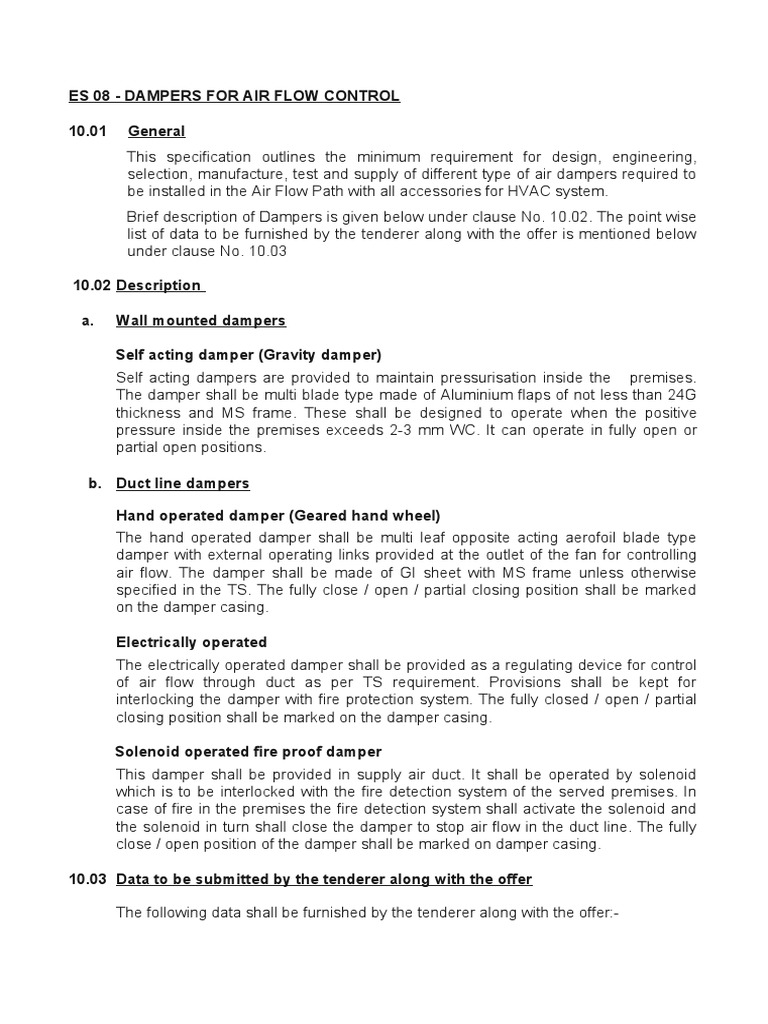 Technical Specification of Damper | PDF | Duct (Flow) | Manufactured Goods