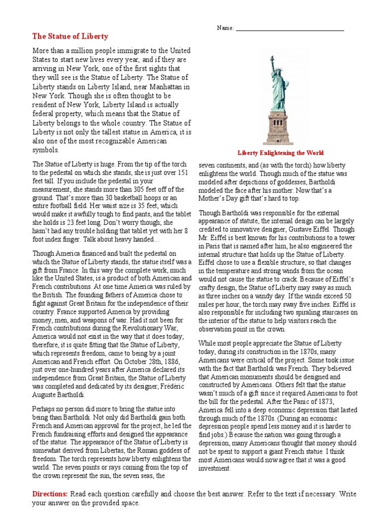 The Statue of Liberty: Read Each Question Carefully and Choose The Best ...