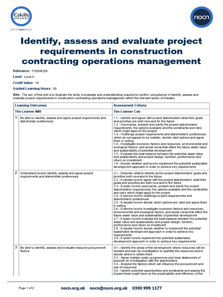 Identify, Assess and Evaluate Project Requirements in Construction ...