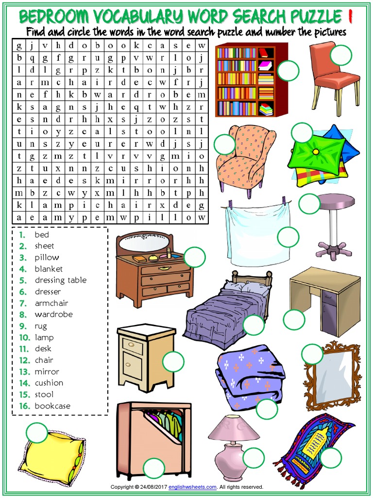 Bedroom Vocabulary Esl Word Search Puzzle Worksheets For Kids | PDF
