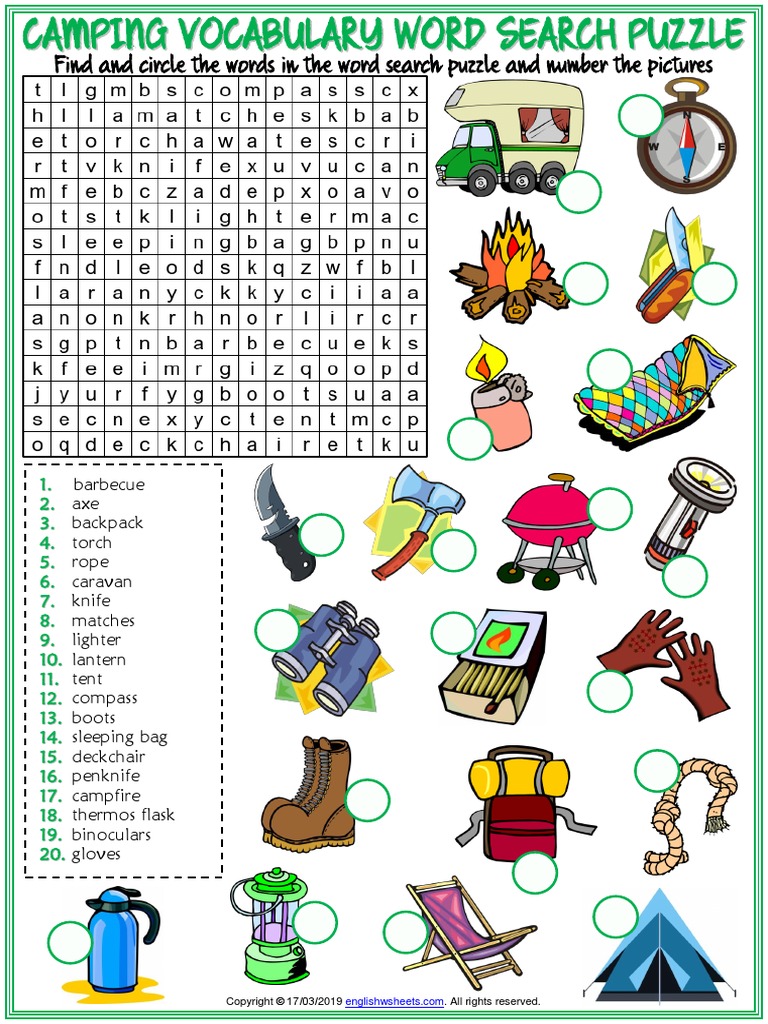 Camping Vocabulary Esl Word Search Puzzle Worksheet For Kids | PDF