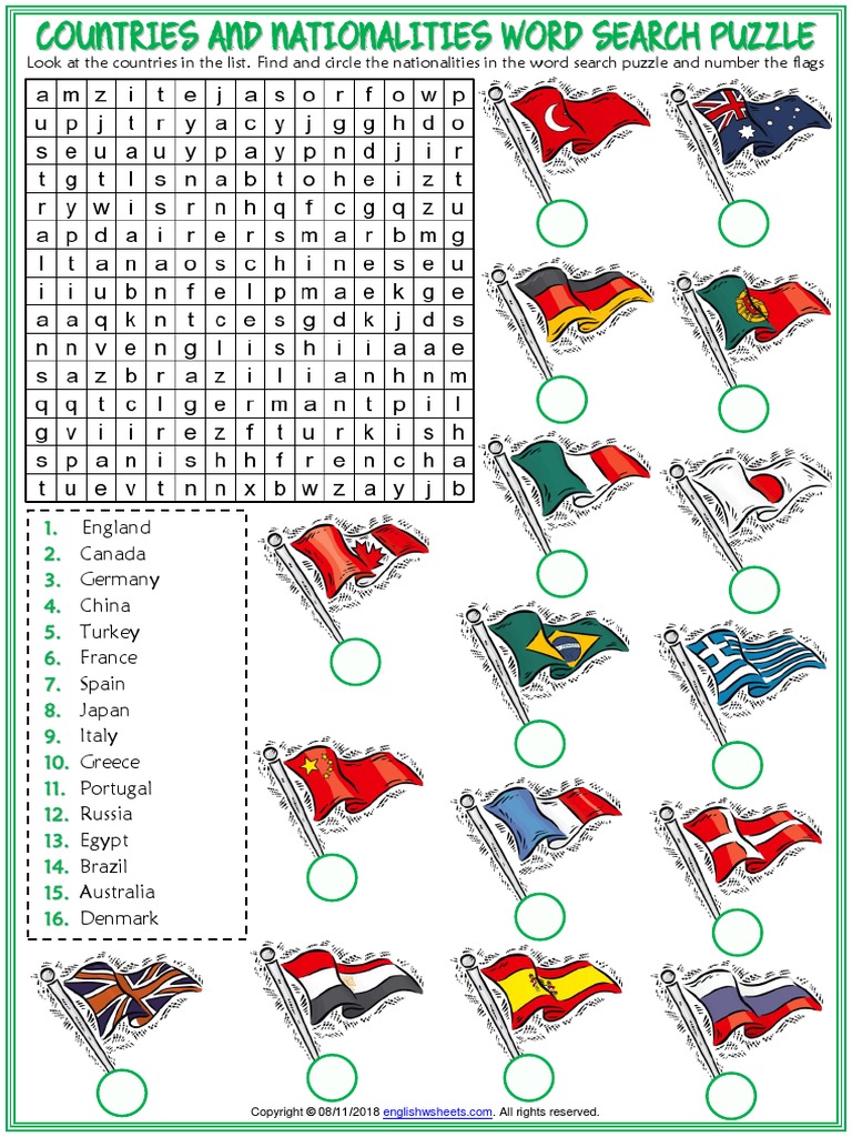Countries and Nationalities Vocabulary Esl Word Search Puzzle Worksheet ...