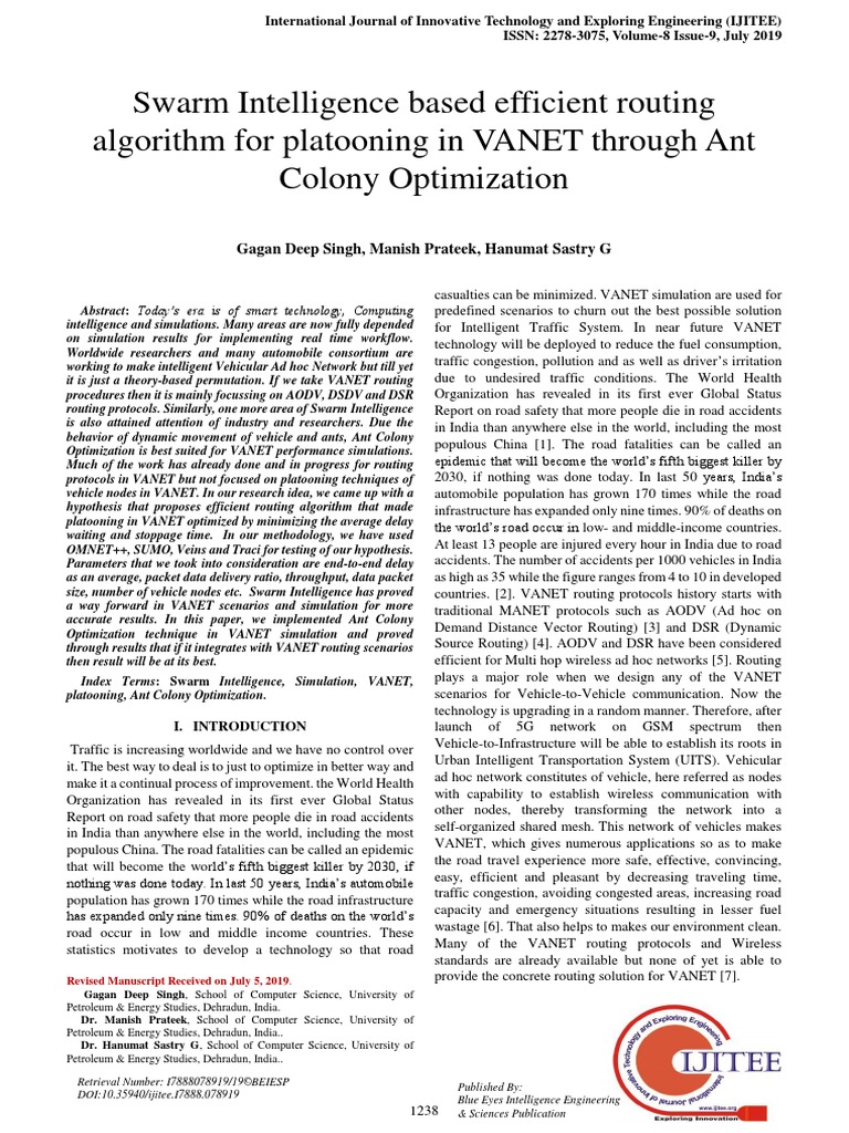 Swarm Intelligence Based Efficient Routing Algorithm For Platooning in VANET Through Ant Colony ...
