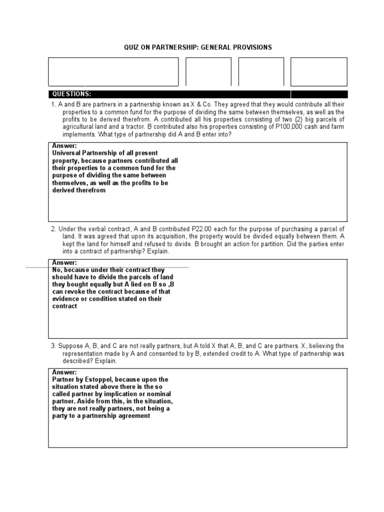 Partnership Quiz: Key Concepts and Types | PDF | Partnership ...