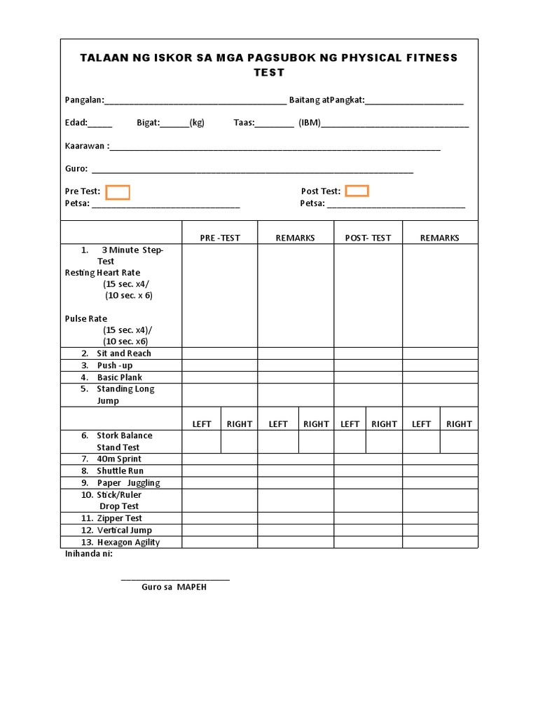 Physical Fitness Test Form Kto12 1 | PDF