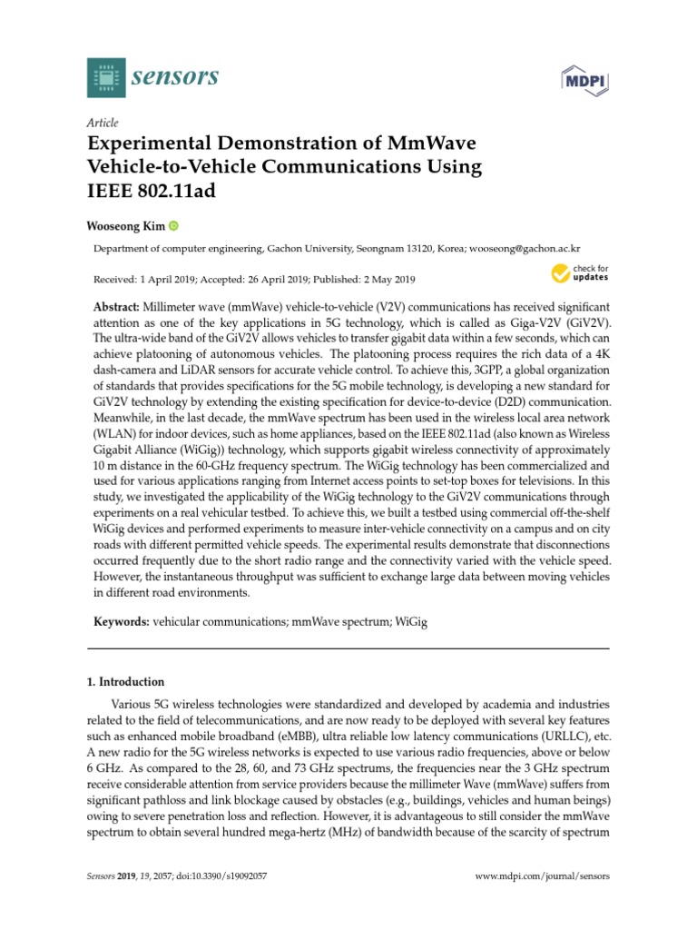 Sensors: Experimental Demonstration of Mmwave Vehicle-To-Vehicle ... Sensors: Experimental Demonstration of Mmwave Vehicle-To-Vehicle ...