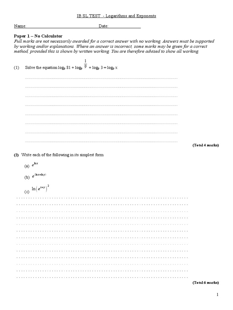 IB SL Test: Logarithms & Exponents | PDF | Logarithm | Mathematical ...