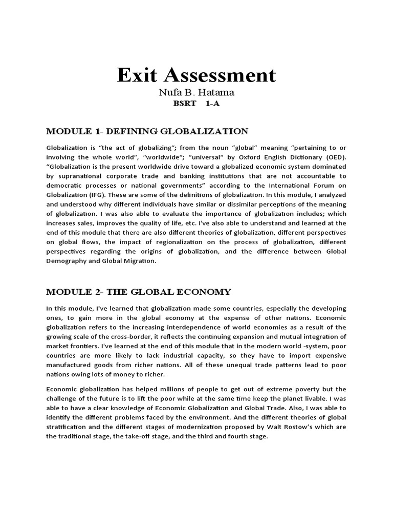 Exit Assessment: Nufa B. Hatama | Download Free PDF | Globalization ...