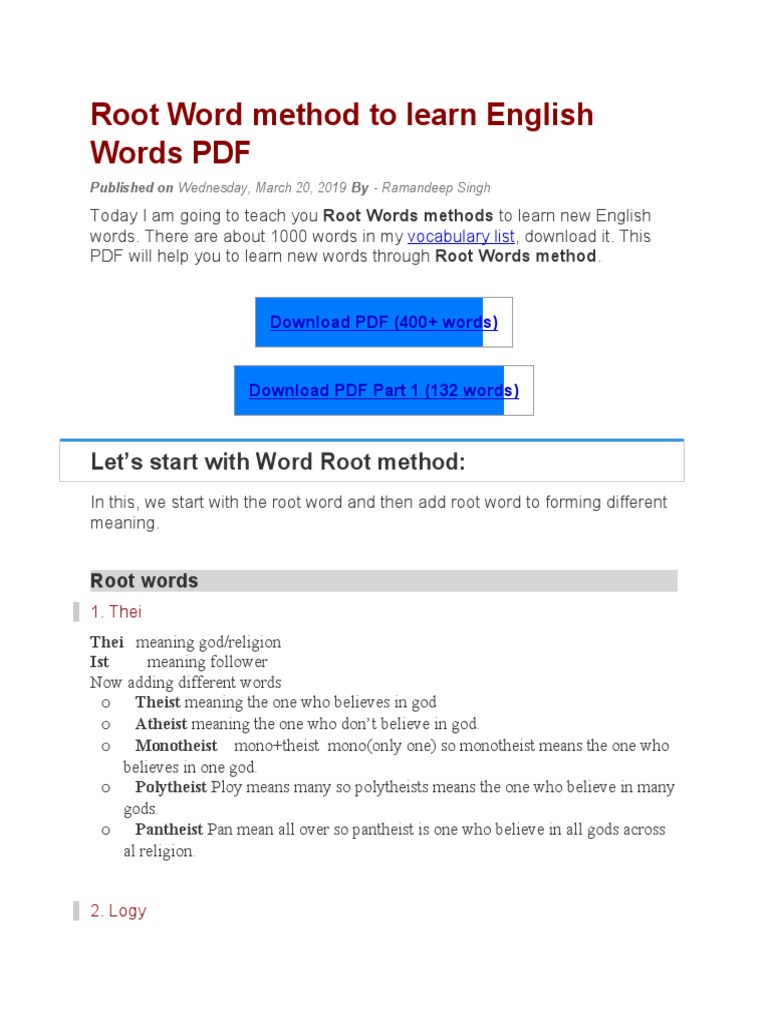 Root Word Method To Learn English Words PDF | PDF | Adjective | Verb