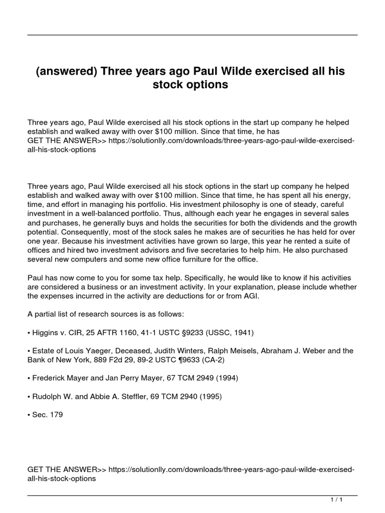 Three Years Ago Paul Wilde Exercised All His Stock Options PDF | PDF ...