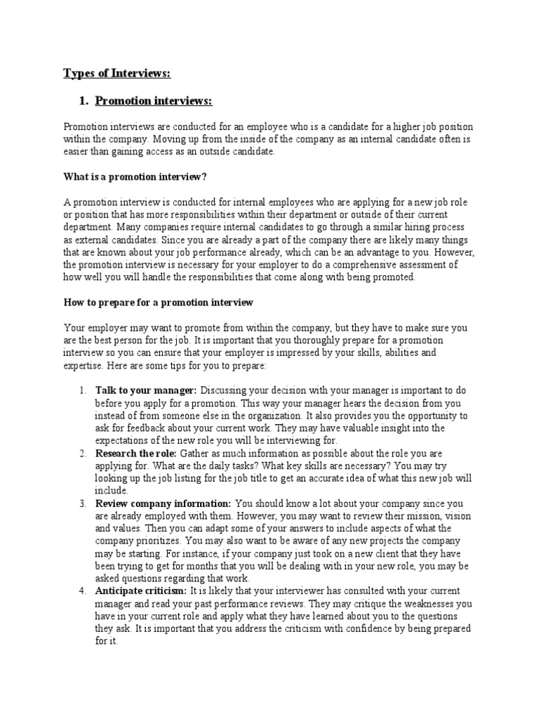 Types of Interviews: 1. Promotion Interviews:: What Is A Promotion ...