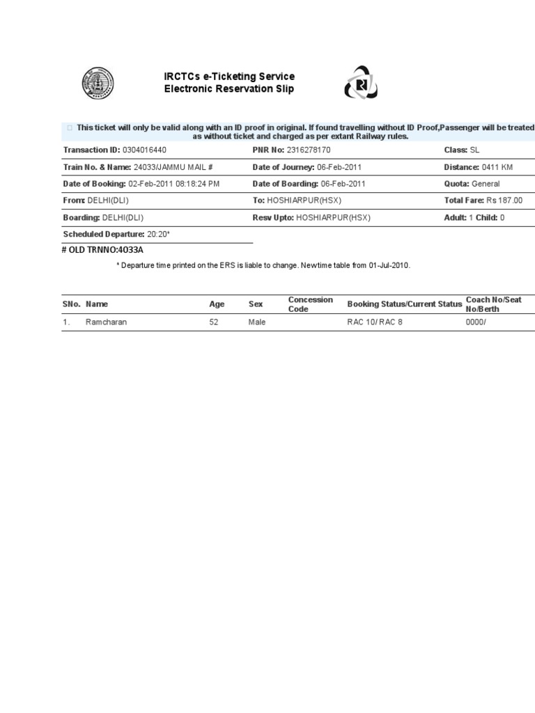 Electronic Reservation Slip for Travel on Jammu Mail Train from Delhi ...