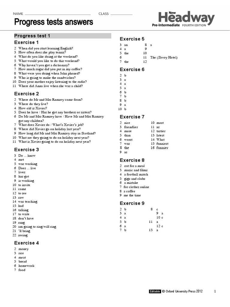 Progress Tests Answers: Progress Test 1 Exercise 1 Exercise 5 | PDF