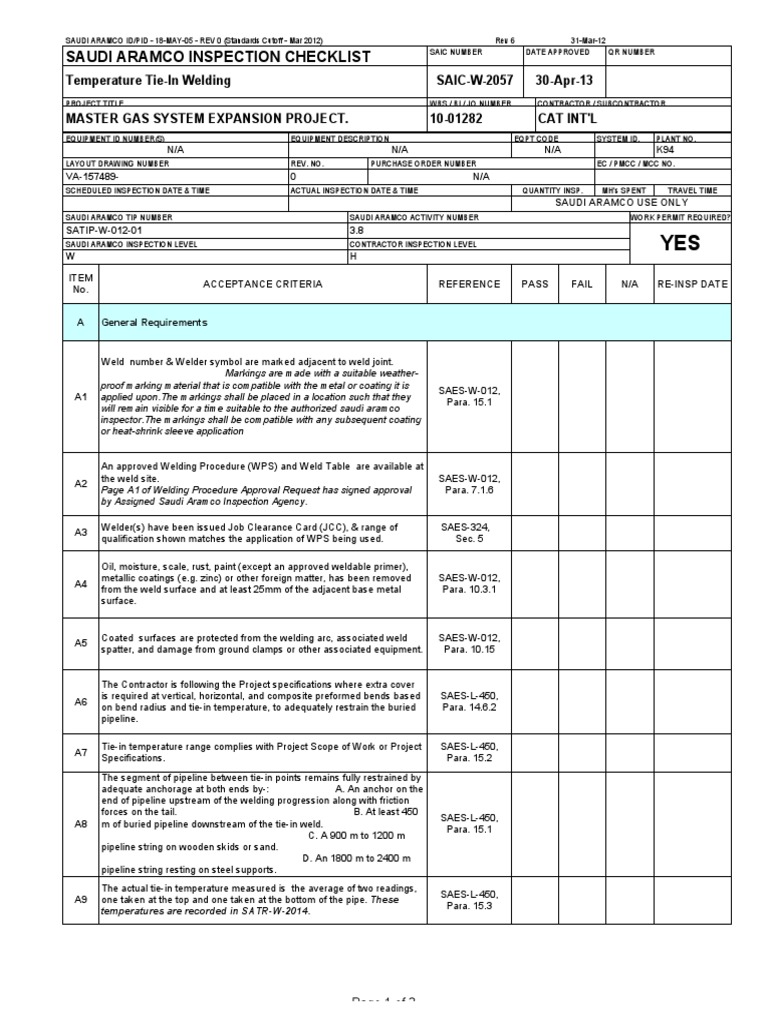Saudi Aramco Inspection Checklist | PDF | Welding | Construction