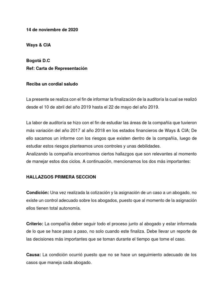 Carta de Representacion | PDF | Business | Contabilidad y Auditoria