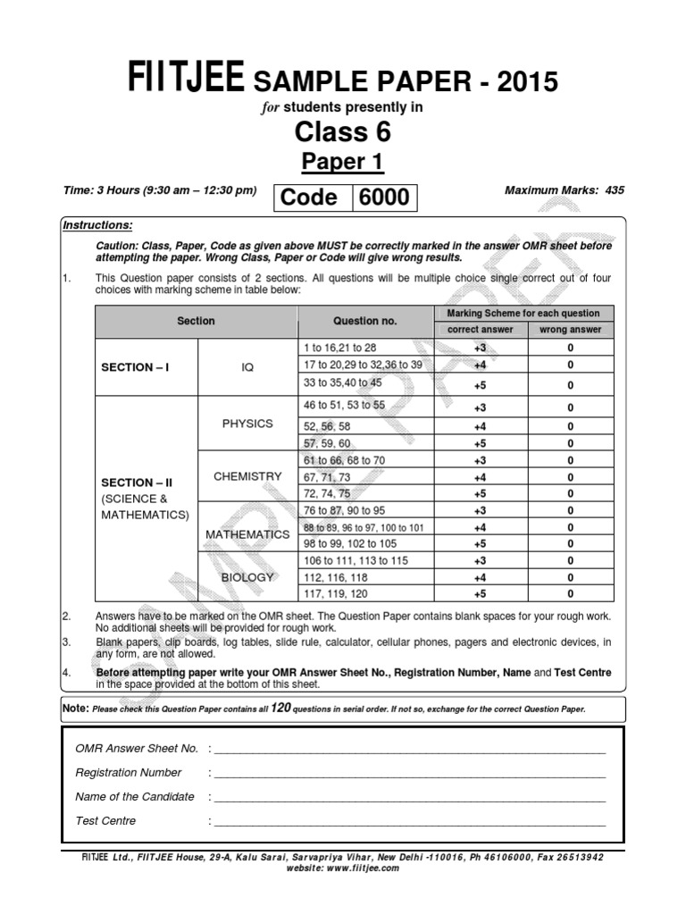 Fiitjee: Sample Paper - 2015 | PDF | Nature