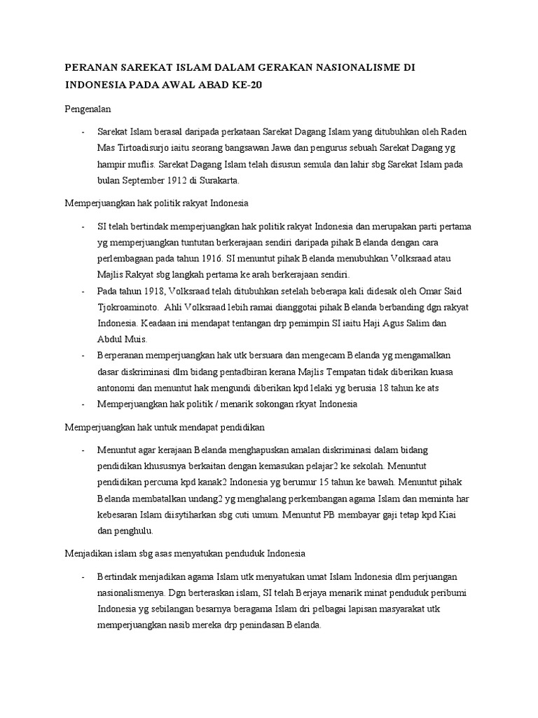 Peranan Sarekat Islam Dalam Gerakan Nasionalisme Di Indonesia Pada Awal Abad Ke | PDF
