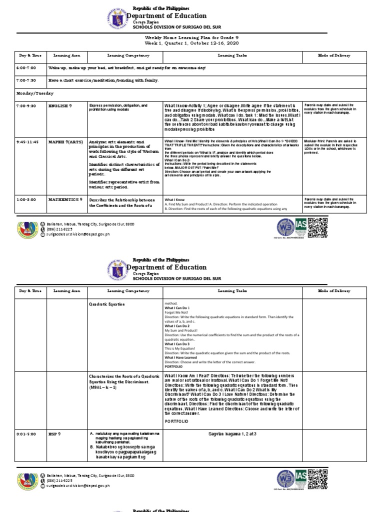 Weekly Home Learning Plan Grade 9 | PDF | Quadratic Equation | Learning