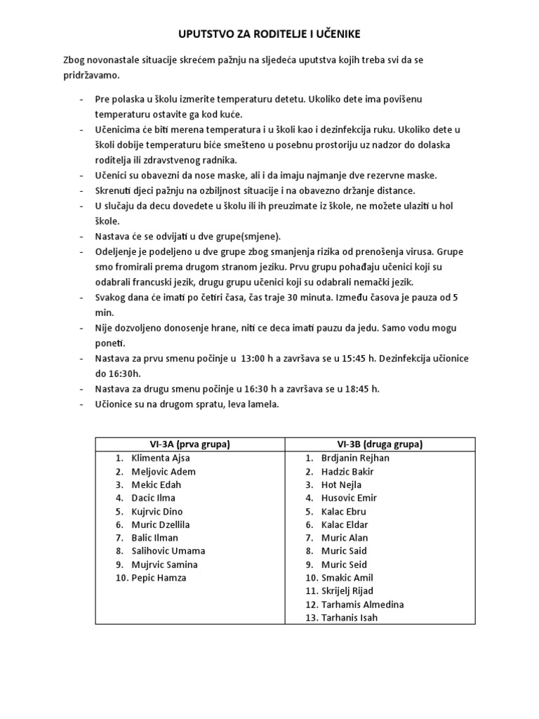 Uputstvo Za Roditelje Za Pocetak Nastave | PDF