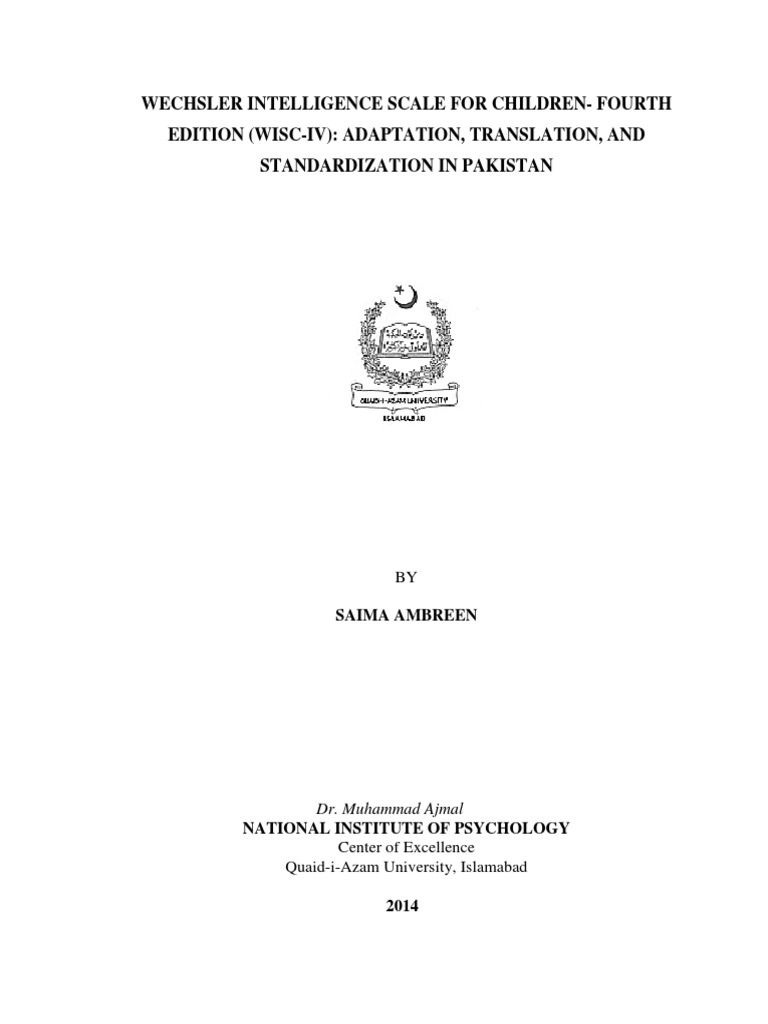 Saima Ambreen Psychology 20015 QAU ISD | PDF | Wechsler Adult ...