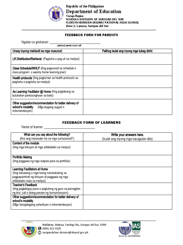 Feedback Form For Parents and Learners | PDF