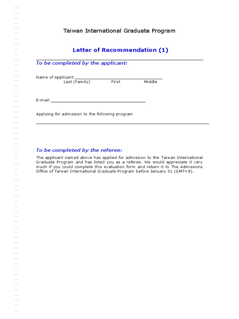 TIGP Letter of Recommendation Form | PDF | Graduate School | Behavior ...