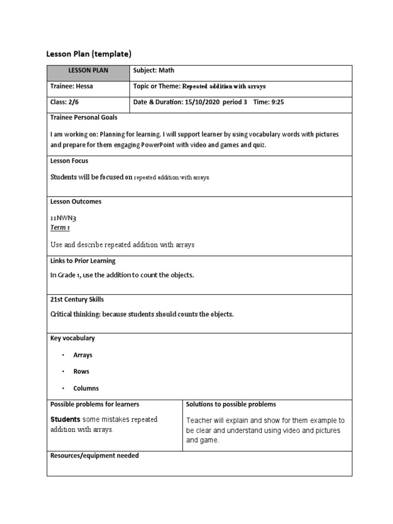 Lesson 5 Plan Repeated Addition. | PDF | Worksheet | Lesson Plan