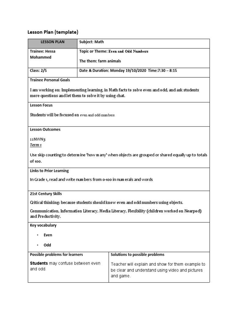 Lesson Plan (Template) : Even and Odd Numbers | PDF | Lesson Plan ...