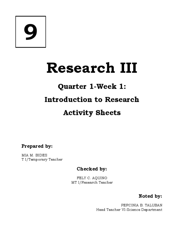 Research III: Quarter 1-Week 1: Introduction To Research Activity ...