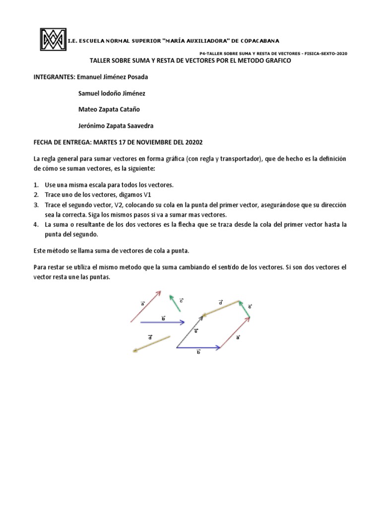 Jeronimo Zapata - P4-Taller Sobre Suma y Resta de Vectores-6º-2020 | PDF | Cálculo vectorial ...