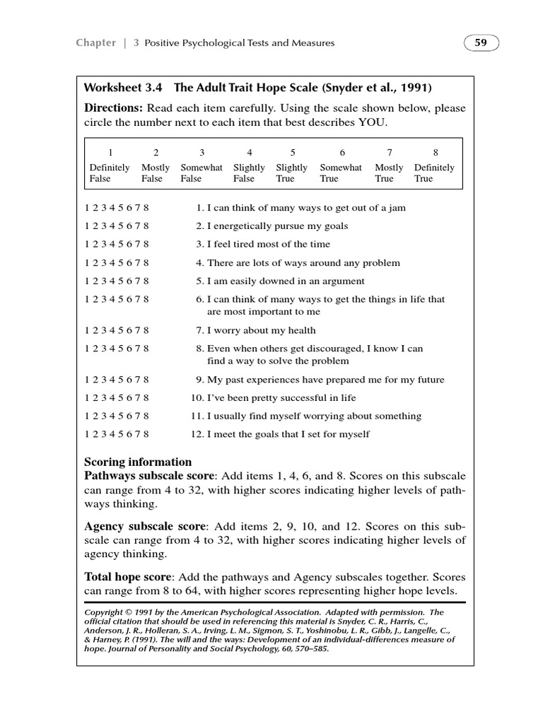 Worksheet 3.4 The Adult Trait Hope Scale (Snyder Et Al., 1991 ...