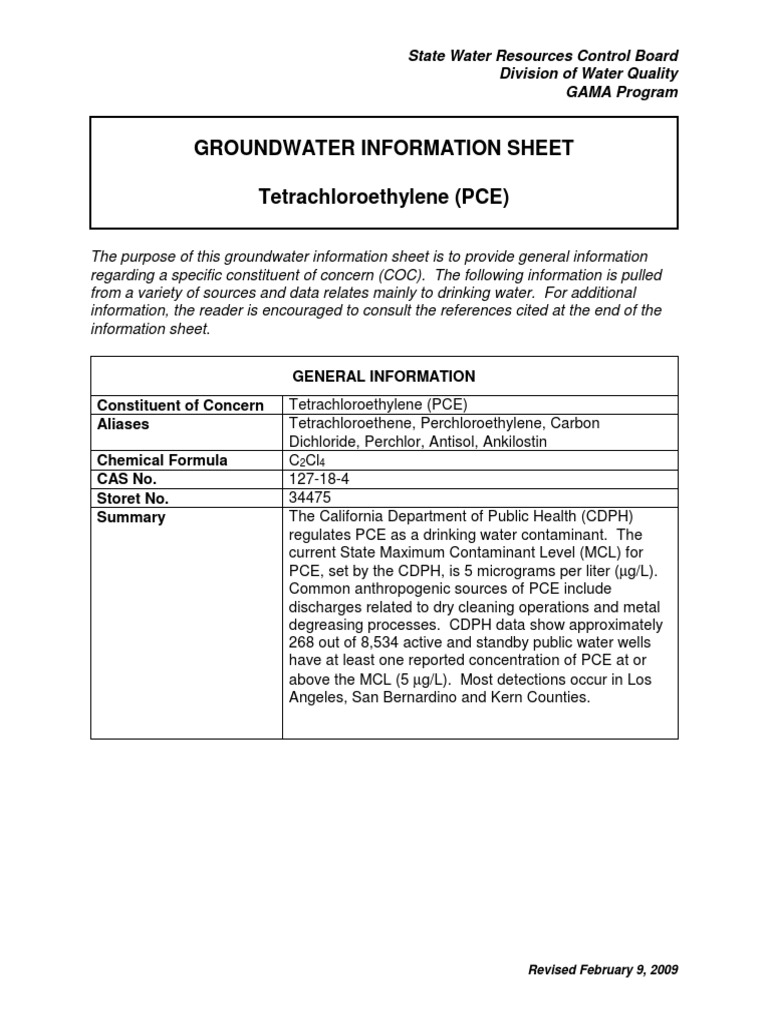 Groundwater Information Sheet Tetrachloroethylene (PCE) | PDF ...