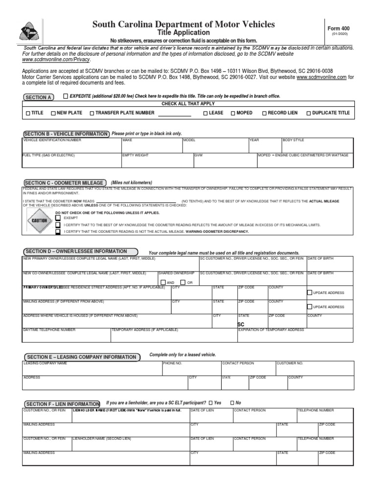South Carolina Department of Motor Vehicles: Title Application | PDF ...