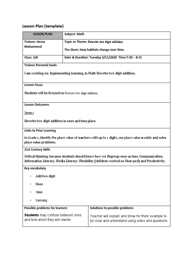 Lesson 9 Plan Rewrite Two Digit Addition | PDF | Lesson Plan | Applied ...