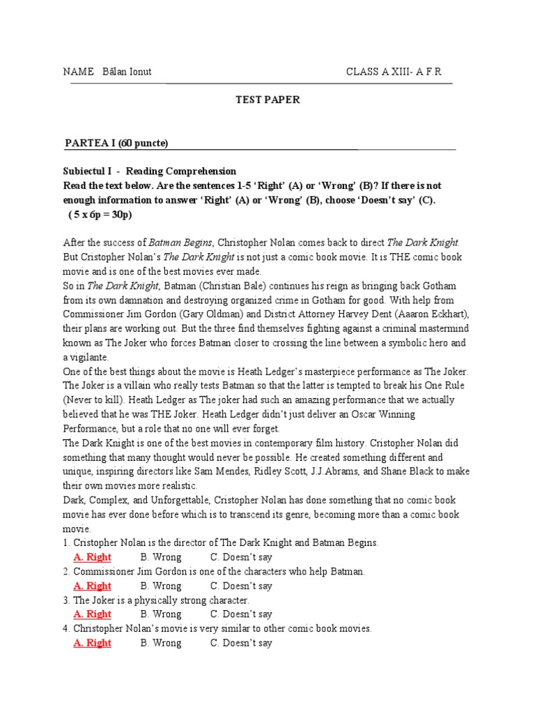 TEST CLASA 13 AFR Balan Ionut, Engleza | PDF | Batman