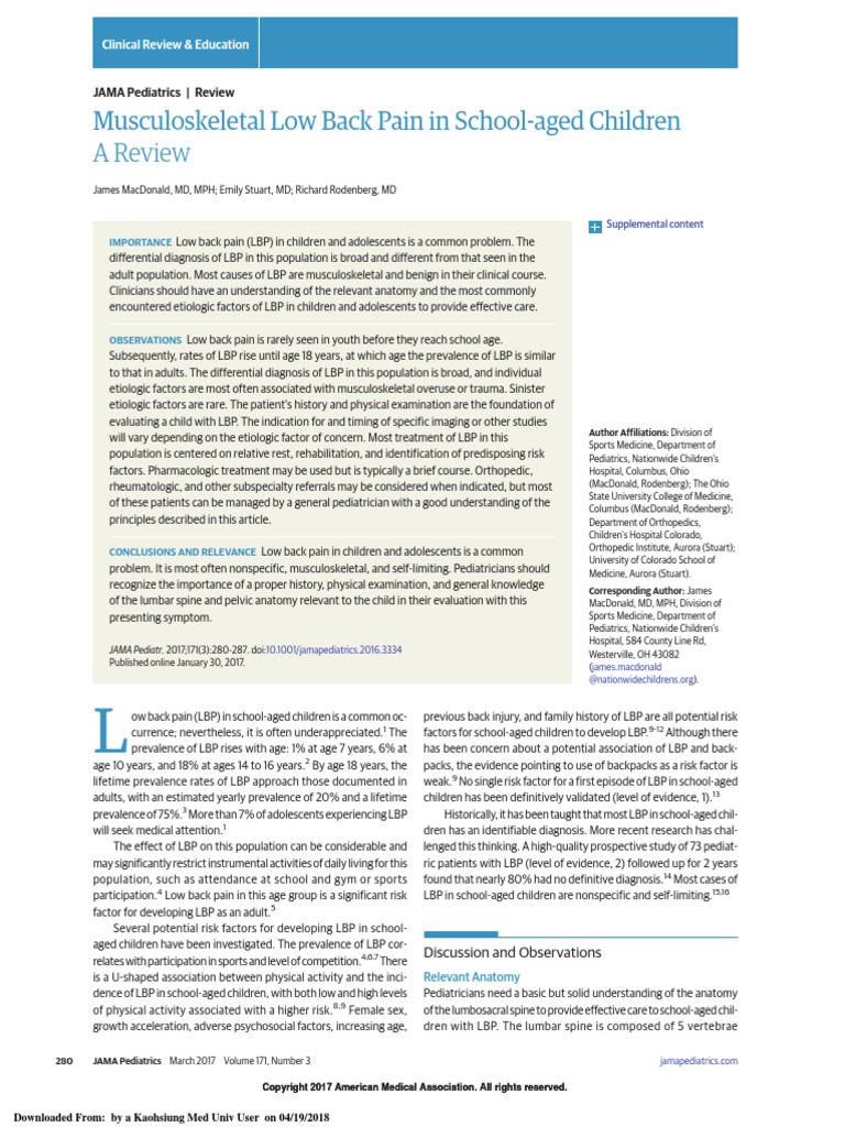 Musculoskeletal Low Back Pain in School-Aged Children A Review | PDF ...
