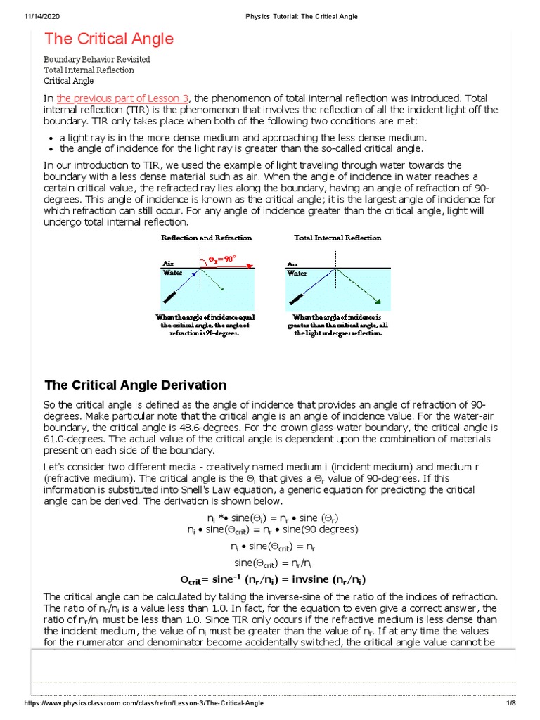 The Critical Angle | PDF | Refraction | Reflection (Physics)