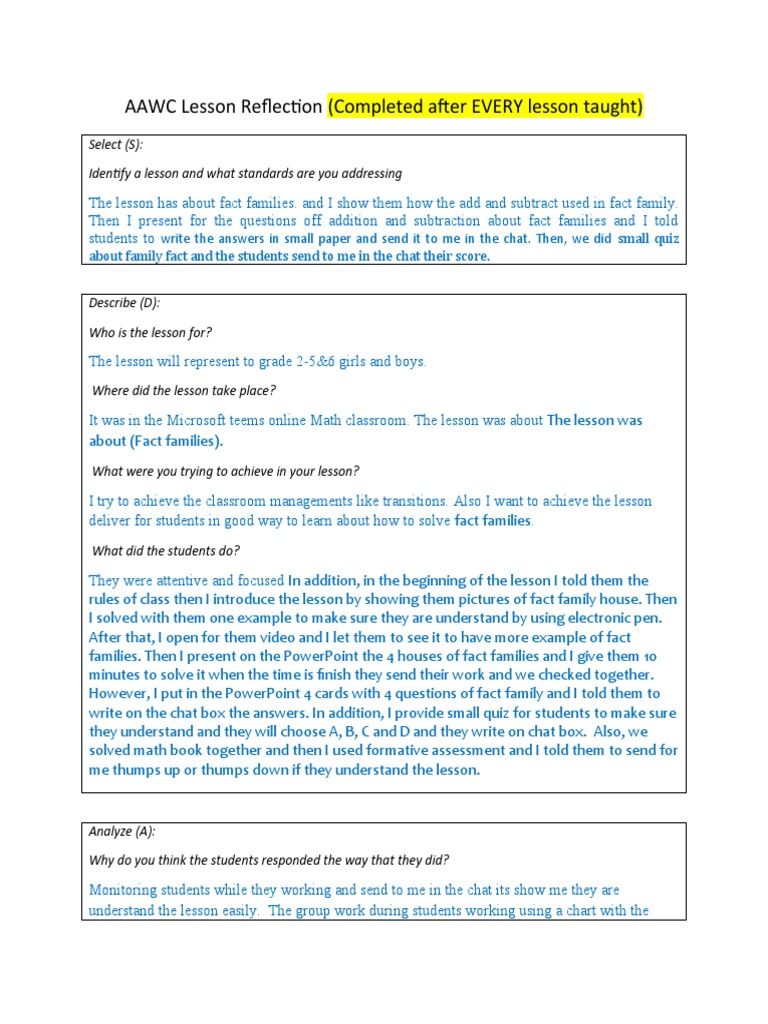 AAWC Lesson Reflection (Completed After EVERY Lesson Taught) | PDF ...