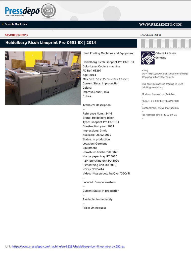 Heidelberg Ricoh Linoprint Pro c651 Ex 68297 | PDF | Manufactured Goods ...