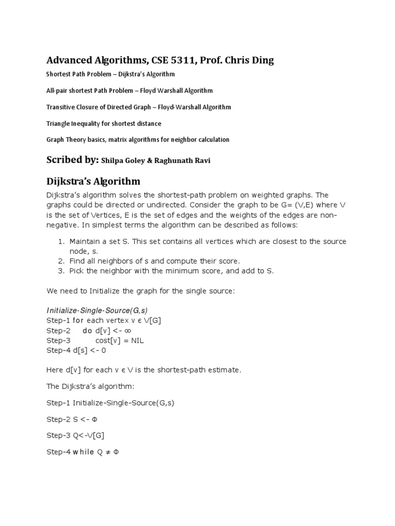 Advanced Algorithms, CSE 5311, Prof. Chris Ding: Shilpa Goley & Raghunath Ravi | PDF | Vertex ...