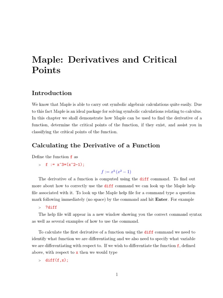 Maple: Derivatives and Critical Points: F F: X 3 (X 2-1) | PDF | Derivative | Function (Mathematics)