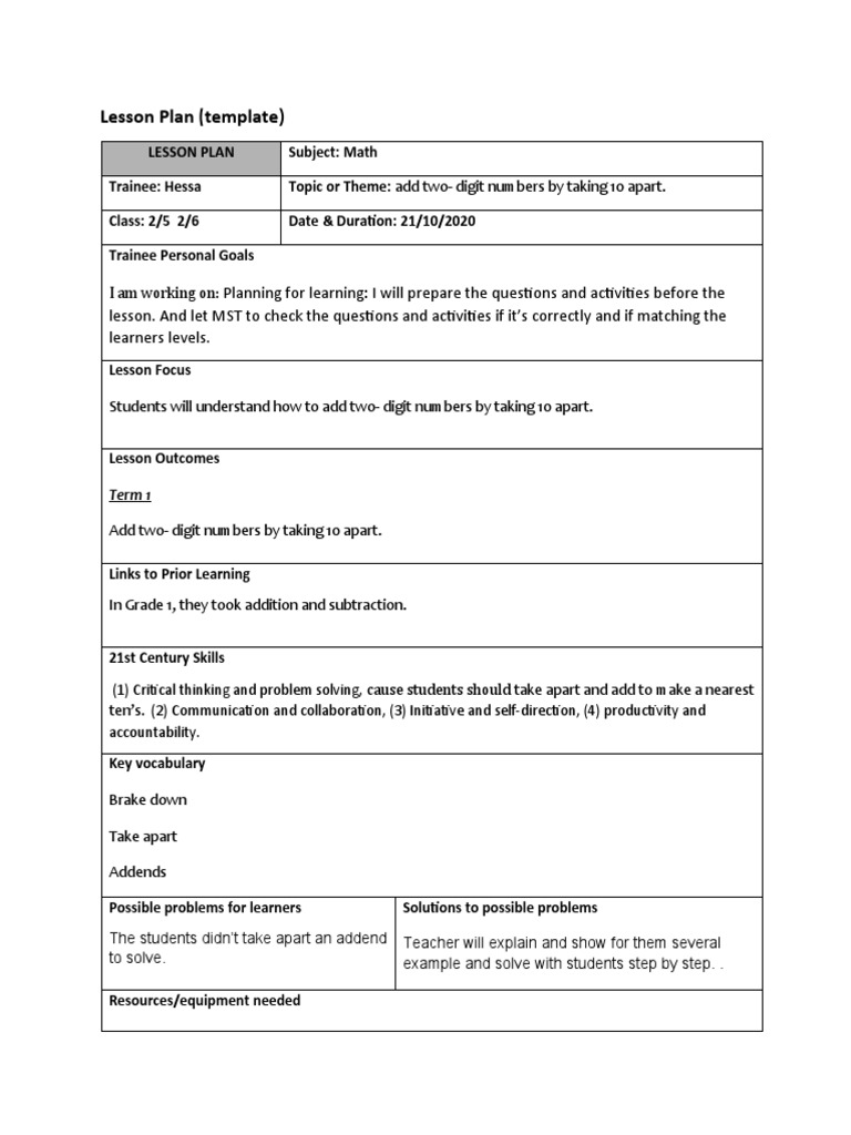 Lesson 15 Plan Add Two - Digit Numbers by Taking 10 Apart | PDF ...