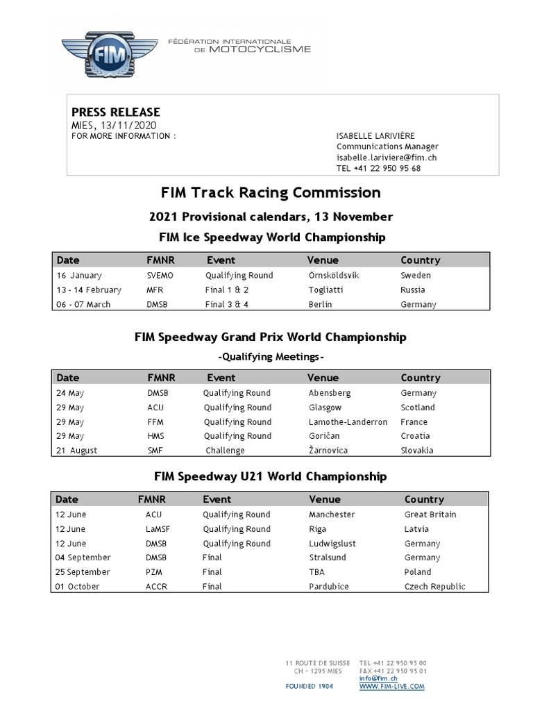 2021 FIM Racing Calendar | PDF | Hobbies | Auto Racing