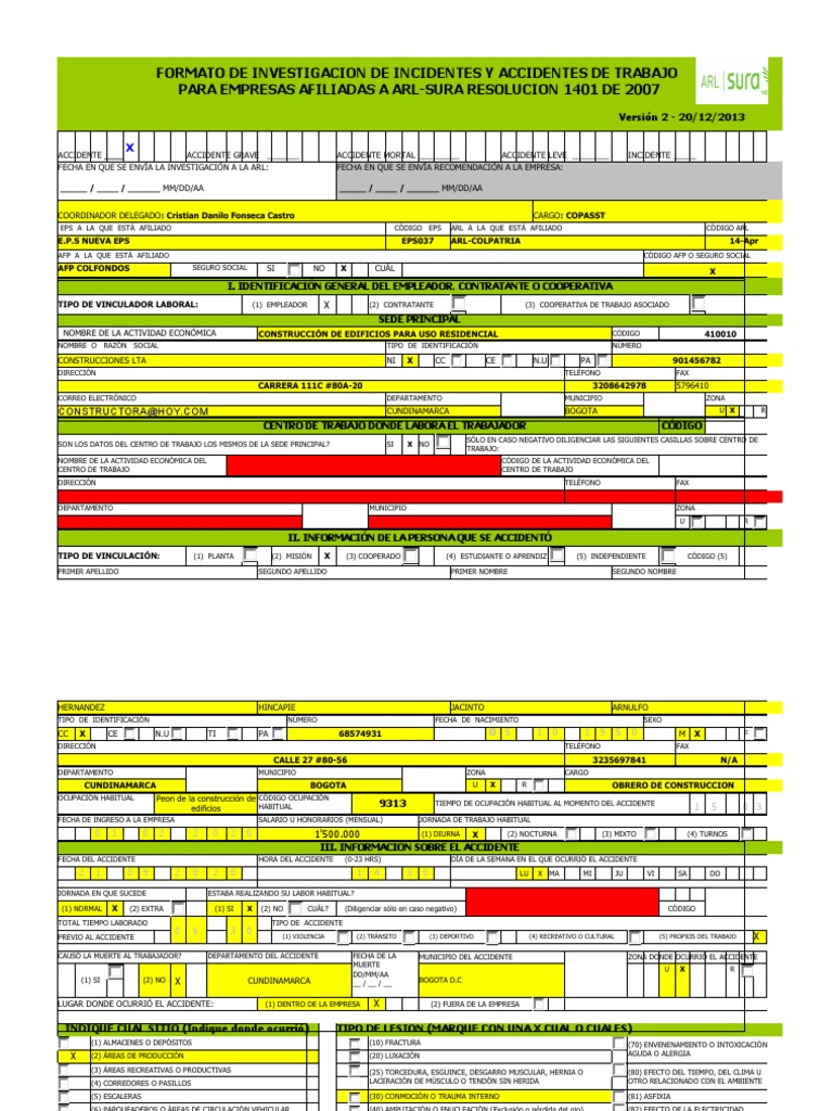 Ejemplo ARL SURA Investigacion - Accidentes | PDF | Lesión | Bienestar Ejemplo ARL SURA Investigacion - Accidentes | PDF | Lesión | Bienestar