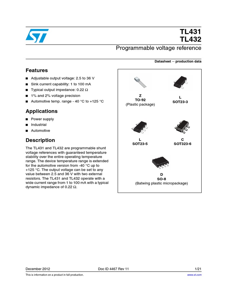 TL431 TL432: Programmable Voltage Reference | PDF | Electromagnetism | Electricity