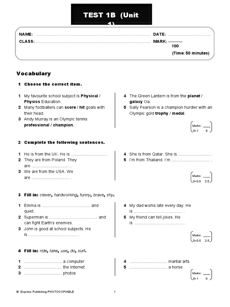 TEST 1B (Unit 1) : Vocabulary | PDF