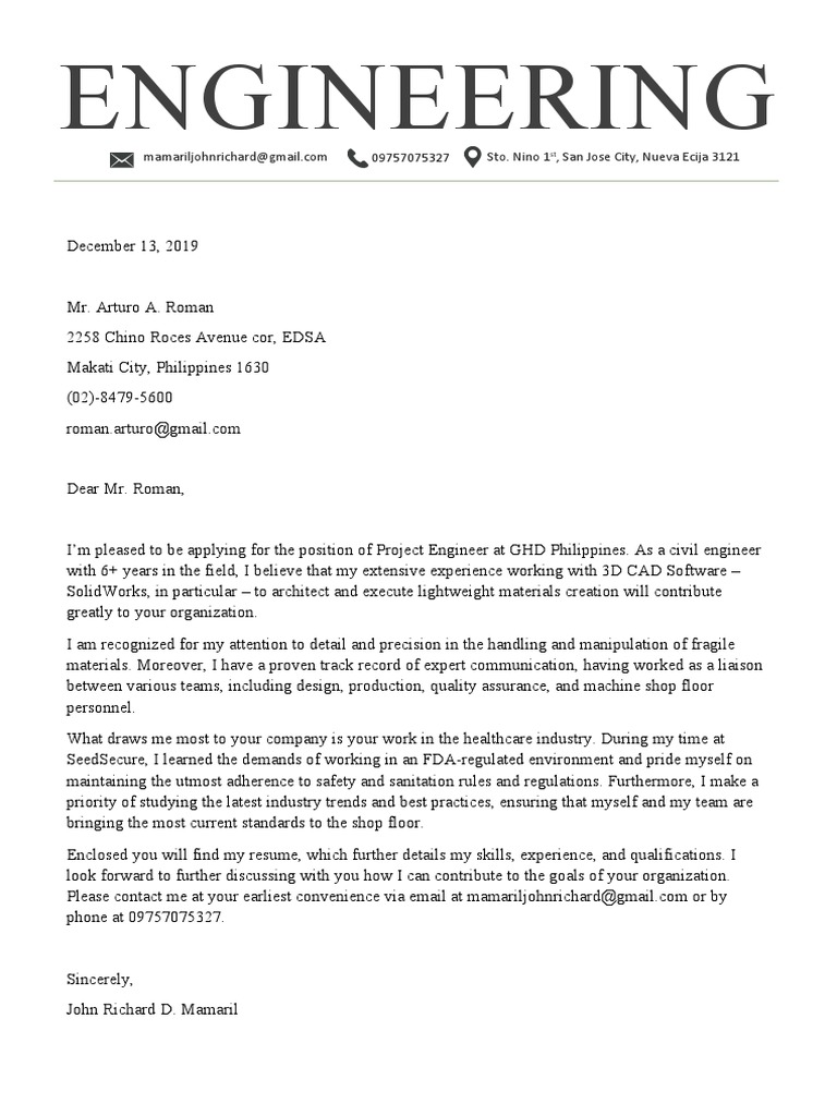 Application for Project Engineer Position | PDF | Résumé | Business