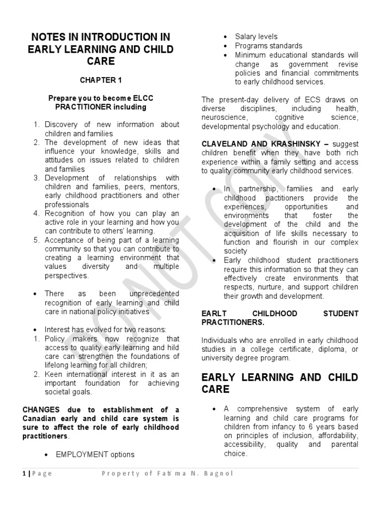 Notes in Introduction in Early Learning and Child Care: Property of ...