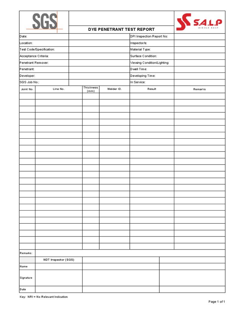 Dye Penetrant Test Report: Joint No. Thickness (MM) Remarks Line No ...