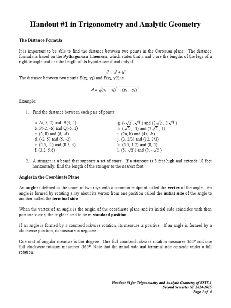 Handout #1 in Trigonometry and Analytic Geometry: The Distance Formula | PDF | Angle | Rotation